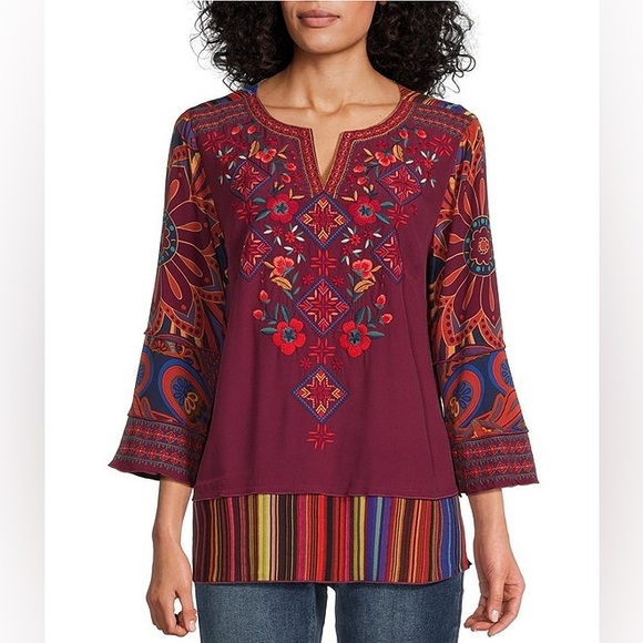 John Mark | Tops | John Markembroidered Floral Multi Print Split Neck ...